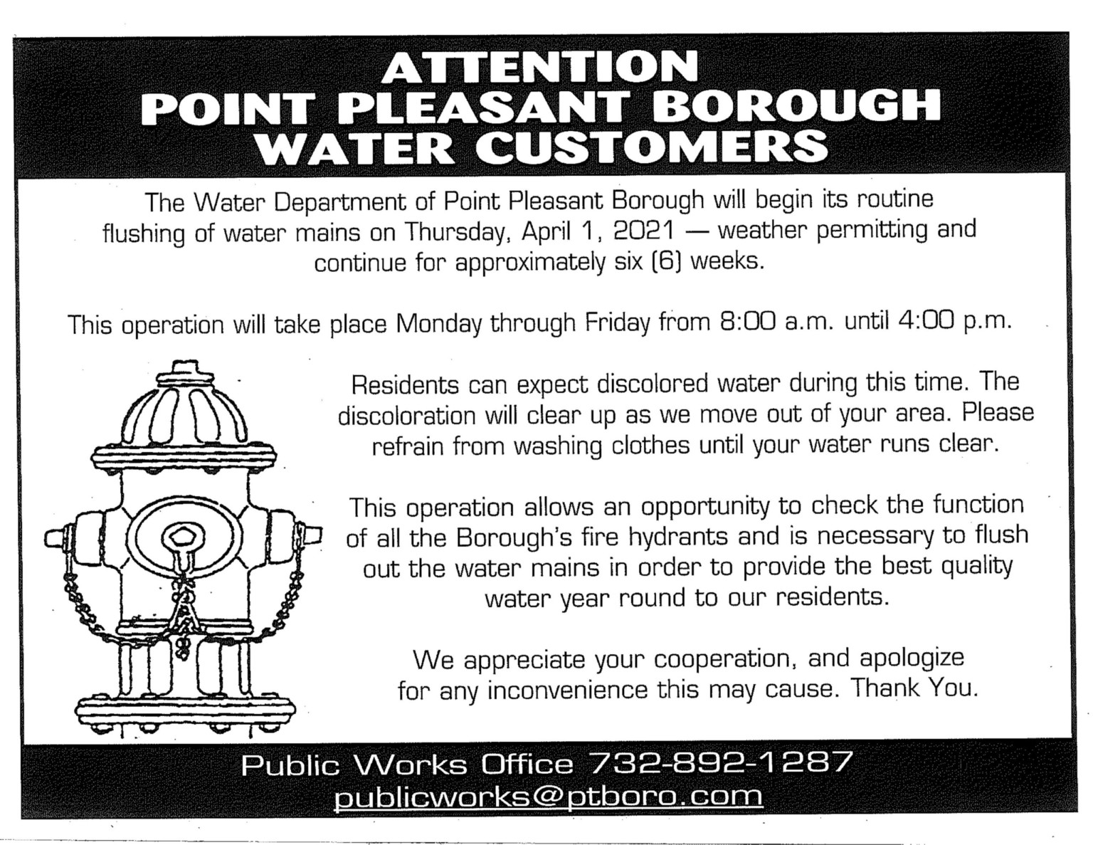 Spring 2021 Hydrant Flushing - Borough of Point Pleasant