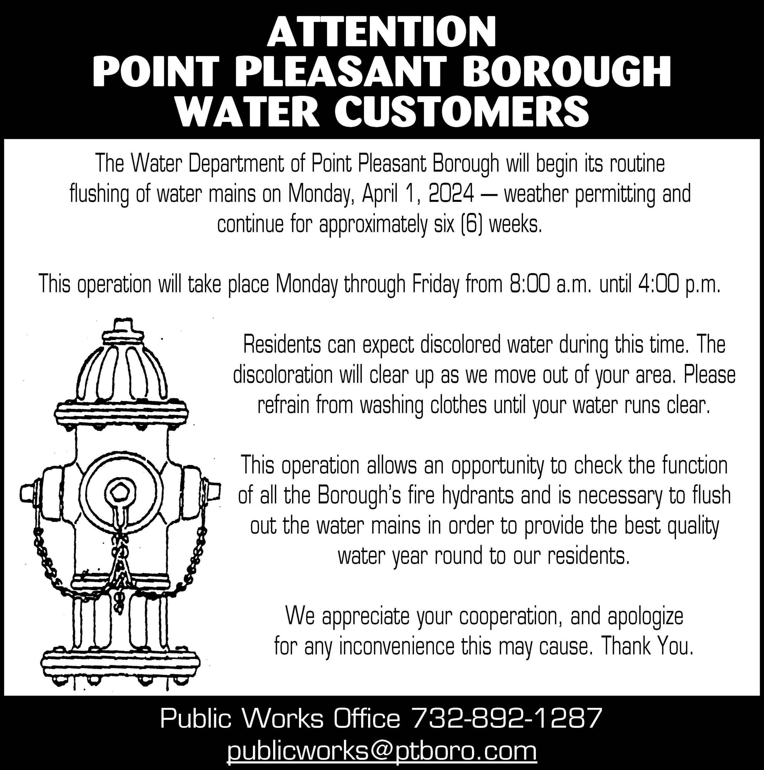 2024 Fire Hydrant Flushing Notice - Borough of Point Pleasant